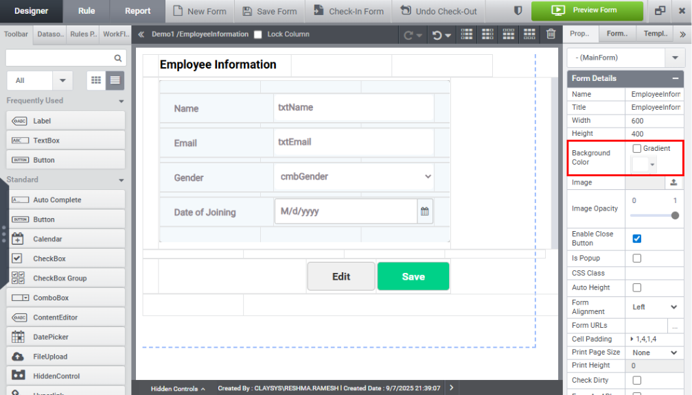 Changing properties of form and control using properties window ...