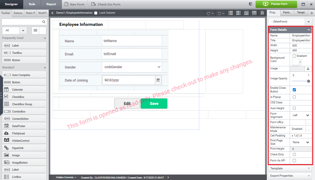 Changing properties of form and control using properties window ...