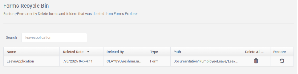 Forms Recycle Bin - ClaySys Technologies